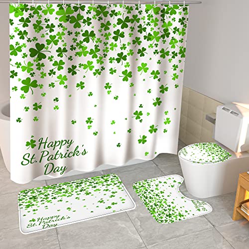 Casdseci 4Pcs Green St. Patrick's Day Shower Curtains Set with Non-Slip Rugs, Toilet Lid Cover and Bath Mat, Lucky Shamrocks Waterproof Bathroom Curtain with 12 Hooks 72 x 72 Inch