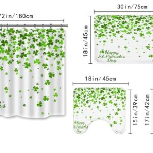 Casdseci 4Pcs Green St. Patrick's Day Shower Curtains Set with Non-Slip Rugs, Toilet Lid Cover and Bath Mat, Lucky Shamrocks Waterproof Bathroom Curtain with 12 Hooks 72 x 72 Inch