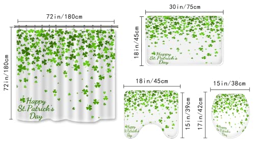 Casdseci 4Pcs Green St. Patrick's Day Shower Curtains Set with Non-Slip Rugs, Toilet Lid Cover and Bath Mat, Lucky Shamrocks Waterproof Bathroom Curtain with 12 Hooks 72 x 72 Inch