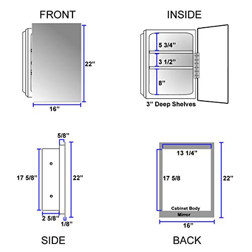 Mirrors and More 16" x 22" Medicine Cabinets for Bathroom with Mirror - Frameless Pencil Edge, Recessed, Modern Home Décor, Polish Edge, Non Adjustable Shelves