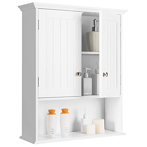 Tangkula Bathroom Wall Cabinet, Wooden Hanging Storage Cabinet with Doors & Shelves, Multipurpose Storage Cabinet for Bathroom Kitchen Living Room, Wall Mounted Bathroom Medicine Cabinet