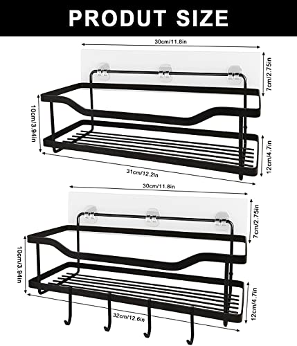 Shower Caddy Basket Shelf with Hooks, 2 Pack No Drilling Adhesive Shower Organizer Wall Mounted Rustproof Bathroom Storage Rack for Bathroom, Lavatory, Washroom, Restroom, Shower, Toilet, Kitchen