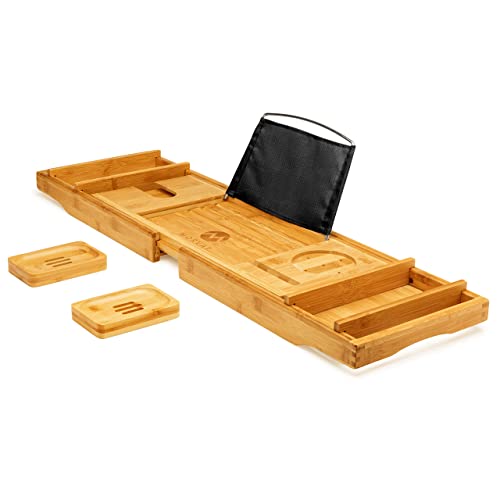 Morvat Premium Bamboo Wood Expandable Bathtub Tray & Caddy for Bathroom, Includes Book Holder, Shelf for Laptop Tablet & Phone, Wineglass Slot & More, Great Gift & Accessories for Home Spa Tub & Bath