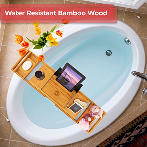 Morvat Premium Bamboo Wood Expandable Bathtub Tray & Caddy for Bathroom, Includes Book Holder, Shelf for Laptop Tablet & Phone, Wineglass Slot & More, Great Gift & Accessories for Home Spa Tub & Bath