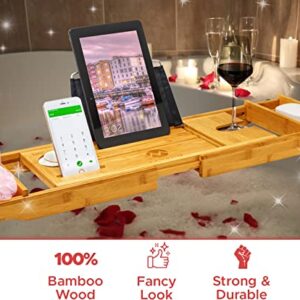 Morvat Premium Bamboo Wood Expandable Bathtub Tray & Caddy for Bathroom, Includes Book Holder, Shelf for Laptop Tablet & Phone, Wineglass Slot & More, Great Gift & Accessories for Home Spa Tub & Bath