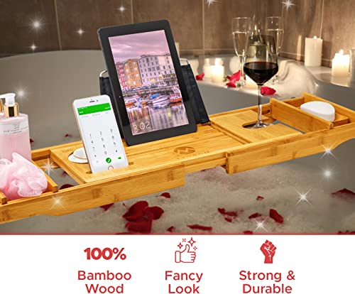 Morvat Premium Bamboo Wood Expandable Bathtub Tray & Caddy for Bathroom, Includes Book Holder, Shelf for Laptop Tablet & Phone, Wineglass Slot & More, Great Gift & Accessories for Home Spa Tub & Bath