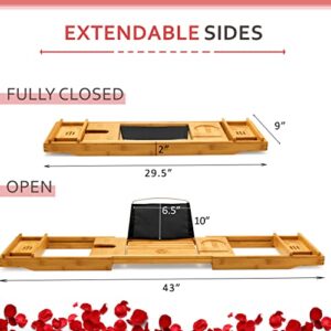 Morvat Premium Bamboo Wood Expandable Bathtub Tray & Caddy for Bathroom, Includes Book Holder, Shelf for Laptop Tablet & Phone, Wineglass Slot & More, Great Gift & Accessories for Home Spa Tub & Bath