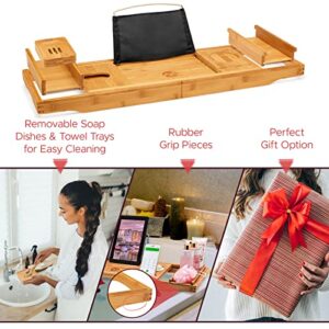 Morvat Premium Bamboo Wood Expandable Bathtub Tray & Caddy for Bathroom, Includes Book Holder, Shelf for Laptop Tablet & Phone, Wineglass Slot & More, Great Gift & Accessories for Home Spa Tub & Bath