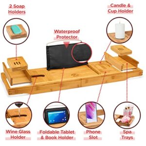 Morvat Premium Bamboo Wood Expandable Bathtub Tray & Caddy for Bathroom, Includes Book Holder, Shelf for Laptop Tablet & Phone, Wineglass Slot & More, Great Gift & Accessories for Home Spa Tub & Bath