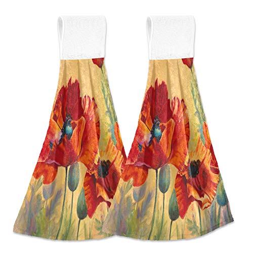 YYZZH Red Poppy Flower Watercolor Floral Print Design Kitchen Hand Towels with Hook & Loop Set of 2 Absorbent Bath Hand Towel Hanging Tie Towel