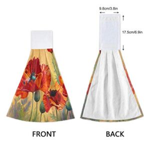 YYZZH Red Poppy Flower Watercolor Floral Print Design Kitchen Hand Towels with Hook & Loop Set of 2 Absorbent Bath Hand Towel Hanging Tie Towel