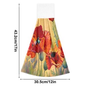 YYZZH Red Poppy Flower Watercolor Floral Print Design Kitchen Hand Towels with Hook & Loop Set of 2 Absorbent Bath Hand Towel Hanging Tie Towel