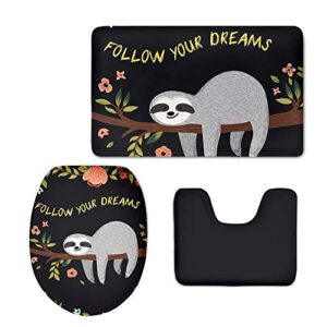 coloranimal 3 pcs area rugs+lid toilet cover+bath mat set, follow your dreams sloth pattern non slip flannel carpets for home bedroom bathroom decor