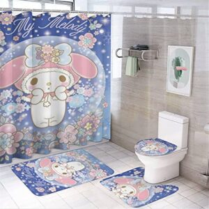 fmsnupz 4pcs anime shower curtain set, cute bathroom decor with non-slip rugs, toilet lid cover and bath mat, waterproof fabric shower curtains with 12 hooks, 70.8"x70.8"