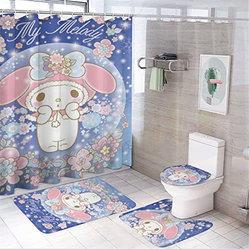 fmsnupz 4PCS Anime Shower Curtain Set, Cute Bathroom Decor with Non-Slip Rugs, Toilet Lid Cover and Bath Mat, Waterproof Fabric Shower Curtains with 12 Hooks, 70.8"x70.8"