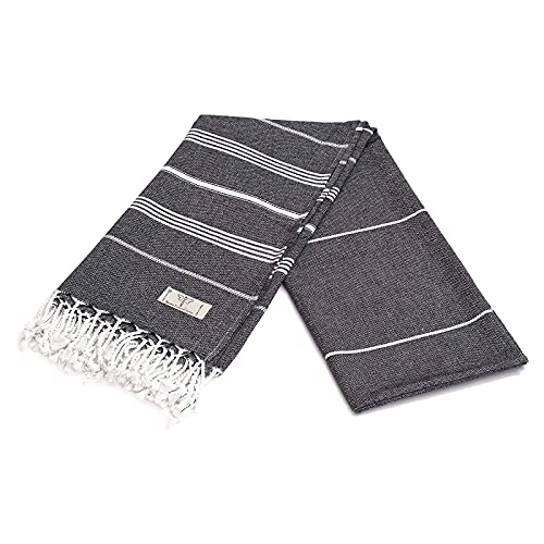 SMYRNA TURKISH COTTON Classical Series Beach Towel | 71 x 37 in 100% Cotton | Extra Large Wearable Turkish Bath Towel | Made in Turkey | No Shrink | Premium Luxury Striped Linen - Black