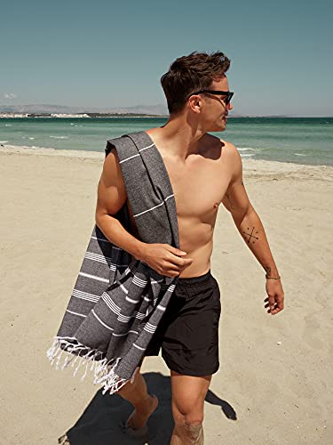 SMYRNA TURKISH COTTON Classical Series Beach Towel | 71 x 37 in 100% Cotton | Extra Large Wearable Turkish Bath Towel | Made in Turkey | No Shrink | Premium Luxury Striped Linen - Black