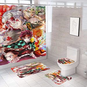 4 piece anime shower curtain sets with non-slip rugs, toilet lid cover, bath mat and 12 hooks, bathroom decor set accessories waterproof shower curtains