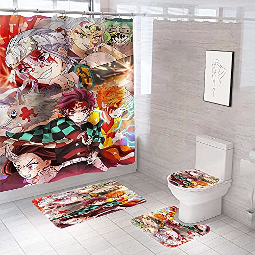 4 Piece Anime Shower Curtain Sets with Non-Slip Rugs, Toilet Lid Cover, Bath Mat and 12 Hooks, Bathroom Decor Set Accessories Waterproof Shower Curtains