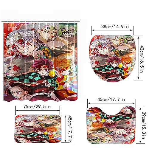 4 Piece Anime Shower Curtain Sets with Non-Slip Rugs, Toilet Lid Cover, Bath Mat and 12 Hooks, Bathroom Decor Set Accessories Waterproof Shower Curtains