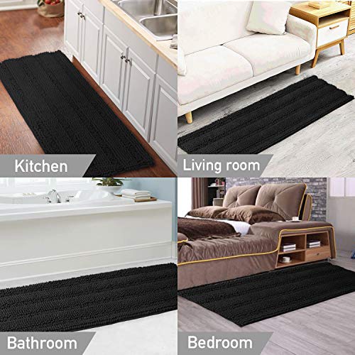 Turquoize Non Slip Shaggy Chenille Microfibers Bathroom Rug Black Bathroom Mat Extra Long Bath Rug 47 x 17 Kitchen Rugs and Mats, Super Water Absorbent & Soft Washable Bath Rug for Bathroom, Black