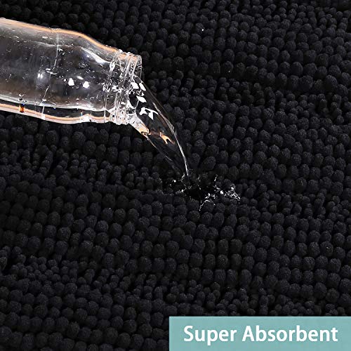 Turquoize Non Slip Shaggy Chenille Microfibers Bathroom Rug Black Bathroom Mat Extra Long Bath Rug 47 x 17 Kitchen Rugs and Mats, Super Water Absorbent & Soft Washable Bath Rug for Bathroom, Black