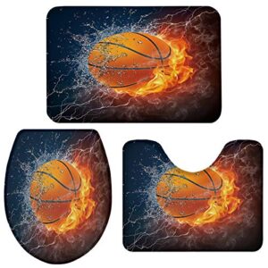 apular fashion 3 piece bath rugs set basketball on fire and water printed non slip ultra soft bathroom mats, u shape mat and toilet lid cover mat bath mats