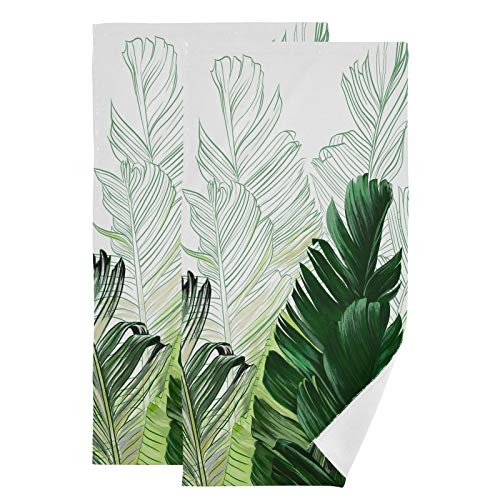 susiyo Hand Towel for Bathroom Set of 2 Absorbent Face Towel for Hotel Gym Guest Home Decorative, 28x14in (Green Palm Tree Leaves)