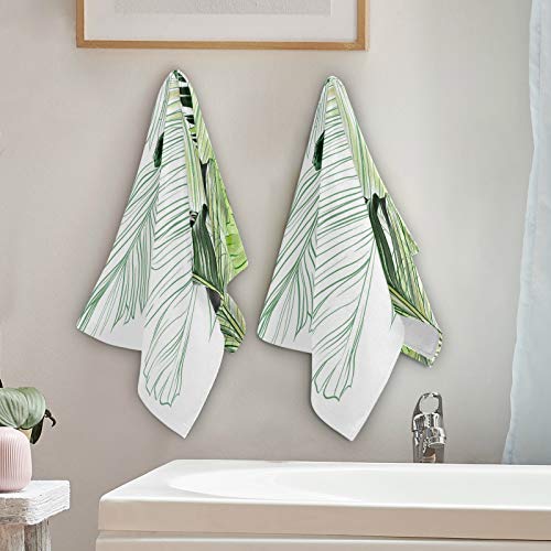 susiyo Hand Towel for Bathroom Set of 2 Absorbent Face Towel for Hotel Gym Guest Home Decorative, 28x14in (Green Palm Tree Leaves)