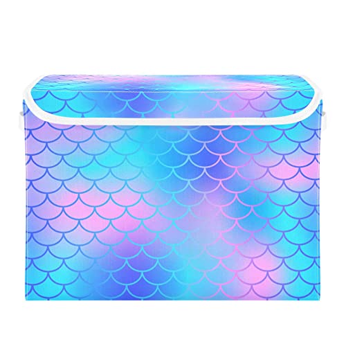 Krafig Magic Fish Mermaid Scale Foldable Storage Box Large Cube Organizer Bins Containers Baskets with Lids Handles for Closet Organization, Shelves, Clothes, Toys