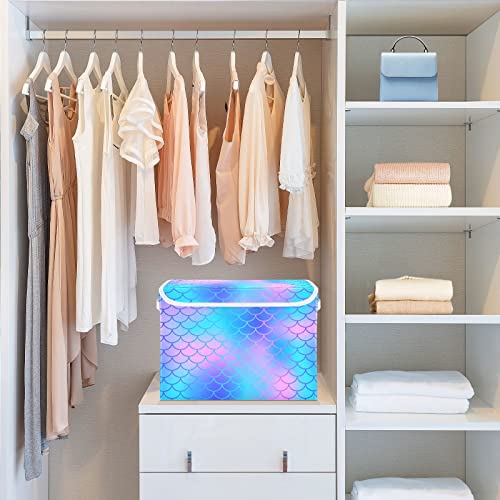 Krafig Magic Fish Mermaid Scale Foldable Storage Box Large Cube Organizer Bins Containers Baskets with Lids Handles for Closet Organization, Shelves, Clothes, Toys