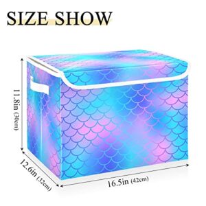 Krafig Magic Fish Mermaid Scale Foldable Storage Box Large Cube Organizer Bins Containers Baskets with Lids Handles for Closet Organization, Shelves, Clothes, Toys