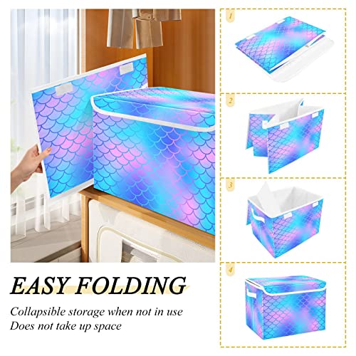 Krafig Magic Fish Mermaid Scale Foldable Storage Box Large Cube Organizer Bins Containers Baskets with Lids Handles for Closet Organization, Shelves, Clothes, Toys