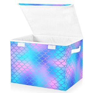 Krafig Magic Fish Mermaid Scale Foldable Storage Box Large Cube Organizer Bins Containers Baskets with Lids Handles for Closet Organization, Shelves, Clothes, Toys