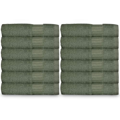 GOLD TEXTILES 100% Cotton Washcloth - 12 Pack | 13x13 inches | Sage Green - Ultra Soft, Highly Absorbent, Long Lasting and Quick Drying - Hotel & Spa Collection Cool Feel Fingertip Towels