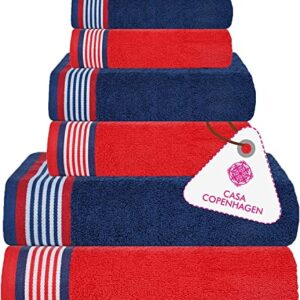 CASA COPENHAGEN Designed in Denmark 550 GSM 2 Large Bath Towels 2 Large Hand Towels 2 Washcloths, Super Soft Egyptian Cotton 6 Towels Set for Bathroom, Kitchen & Shower - American Blue & Red