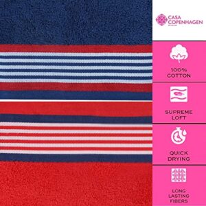 CASA COPENHAGEN Designed in Denmark 550 GSM 2 Large Bath Towels 2 Large Hand Towels 2 Washcloths, Super Soft Egyptian Cotton 6 Towels Set for Bathroom, Kitchen & Shower - American Blue & Red