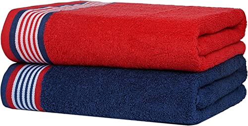 CASA COPENHAGEN Designed in Denmark 550 GSM 2 Large Bath Towels 2 Large Hand Towels 2 Washcloths, Super Soft Egyptian Cotton 6 Towels Set for Bathroom, Kitchen & Shower - American Blue & Red