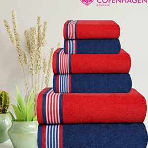 CASA COPENHAGEN Designed in Denmark 550 GSM 2 Large Bath Towels 2 Large Hand Towels 2 Washcloths, Super Soft Egyptian Cotton 6 Towels Set for Bathroom, Kitchen & Shower - American Blue & Red