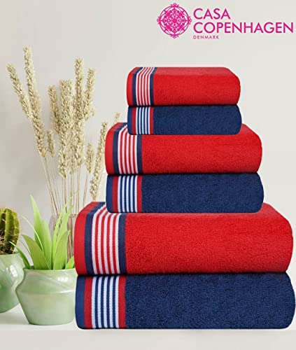 CASA COPENHAGEN Designed in Denmark 550 GSM 2 Large Bath Towels 2 Large Hand Towels 2 Washcloths, Super Soft Egyptian Cotton 6 Towels Set for Bathroom, Kitchen & Shower - American Blue & Red