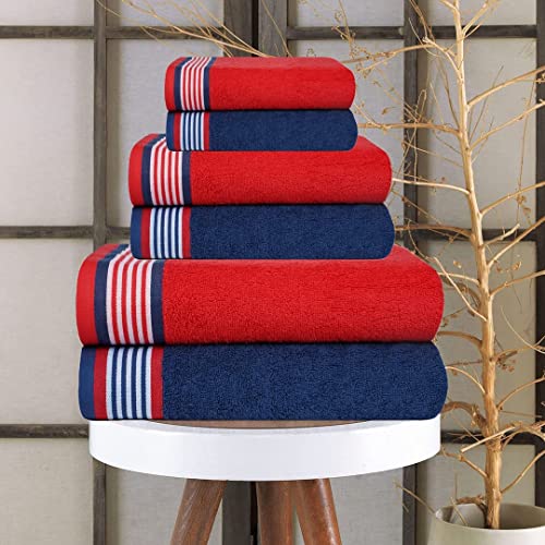 CASA COPENHAGEN Designed in Denmark 550 GSM 2 Large Bath Towels 2 Large Hand Towels 2 Washcloths, Super Soft Egyptian Cotton 6 Towels Set for Bathroom, Kitchen & Shower - American Blue & Red