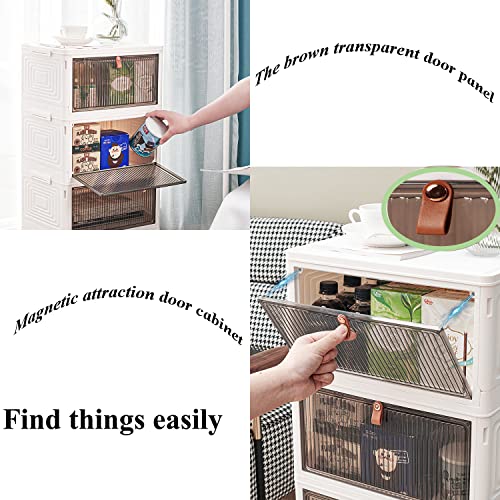 Shoe Storage Boxes-3 Layers Foldable Large Stackable Sneaker Organizer with Magnetic Door, 3 Drawers Rolling Cart Multi-function Bins with Leather Handle for Closet, Hallway, Living Room, Bedroom