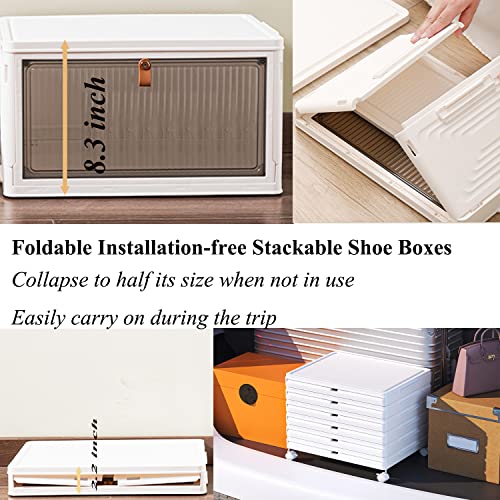 Shoe Storage Boxes-3 Layers Foldable Large Stackable Sneaker Organizer with Magnetic Door, 3 Drawers Rolling Cart Multi-function Bins with Leather Handle for Closet, Hallway, Living Room, Bedroom