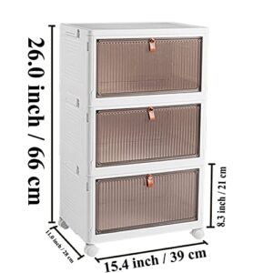 Shoe Storage Boxes-3 Layers Foldable Large Stackable Sneaker Organizer with Magnetic Door, 3 Drawers Rolling Cart Multi-function Bins with Leather Handle for Closet, Hallway, Living Room, Bedroom