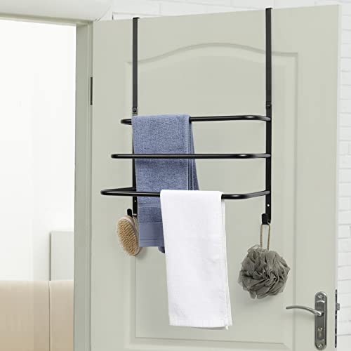 Over The Door Towel Rack Bathroom Towel Rack Holder with 2 Hooks Over The Door Hooks Organizer Hanger for Bathroom, Living Room, Bedroom Decor, Bathroom Accessories, Black