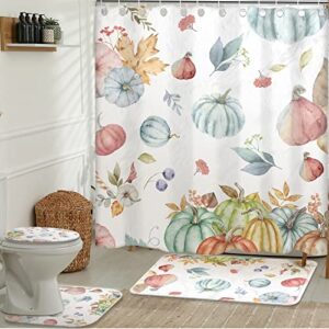 thanksgiving shower curtain set fall pumpkin shower curtain sets 4 pcs autumn waterproof polyester bath curtains with hooks non slip rug toilet lid cover and bath mat bathroom decor set, 72" x 72"