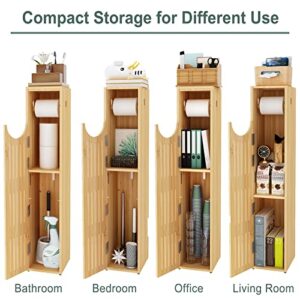 AmazerBath Small Bathroom Storage Cabinet Bamboo, Upgraded Toilet Paper Holder with Storage, Toilet Paper Storage Cabinet, Bathroom Organizers and Storage, Waterproof Coating, 33x7.3x6.5 Inches