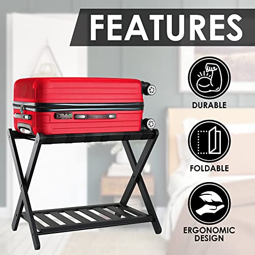 Luggage Rack|Portable Folding Suitcase Stand Holder with Shelf and 4 Fine Nylon Straps Foldable Storage Racks For Guest Room, Bedroom, Hotel Essentials|Black