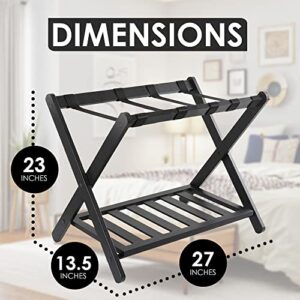 Luggage Rack|Portable Folding Suitcase Stand Holder with Shelf and 4 Fine Nylon Straps Foldable Storage Racks For Guest Room, Bedroom, Hotel Essentials|Black