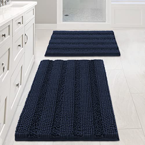 2 Piece Bathroom Set Bathroom Rugs Slip-Resistant Extra Absorbent Soft and Fluffy Striped Bath Mat Set Chenille Bath Rugs, Floor Mats Dry Fast Machine Washable (Navy Blue, 20" x 32"/17" x 24")